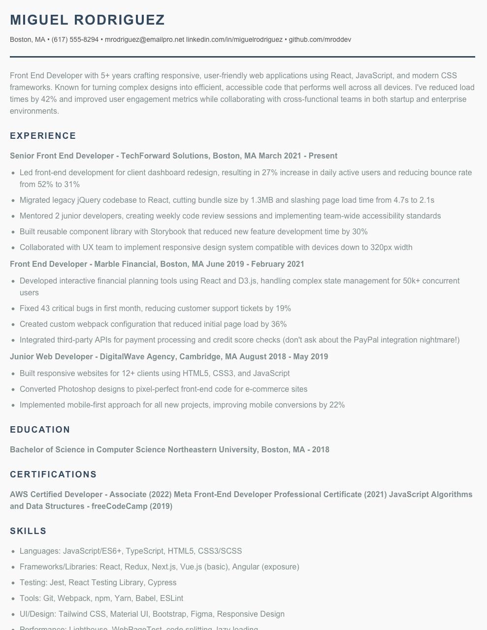 Front End Developer Resume Examples & Templates 2025 - Resume.AI