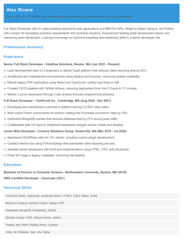 Full Stack Developer Resume Examples & Templates 2025 - Resume.AI