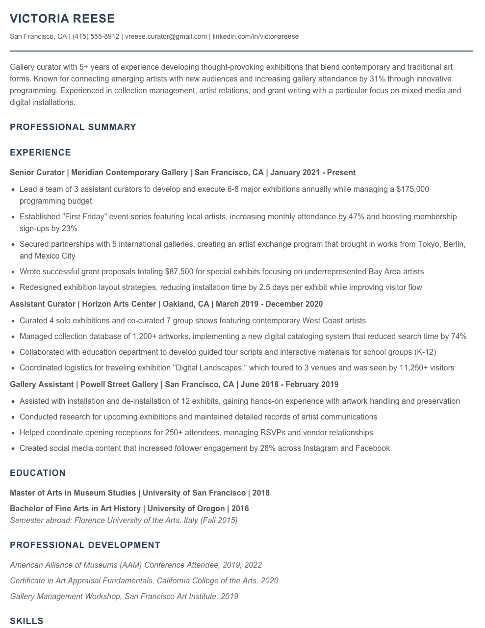 Gallery Curator Resume Examples & Templates 2025 - Resume.AI