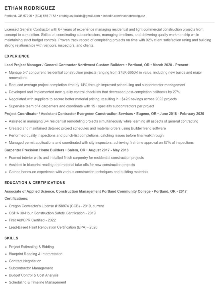 General Contractor Resume Examples & Templates 2025 - Resume.AI
