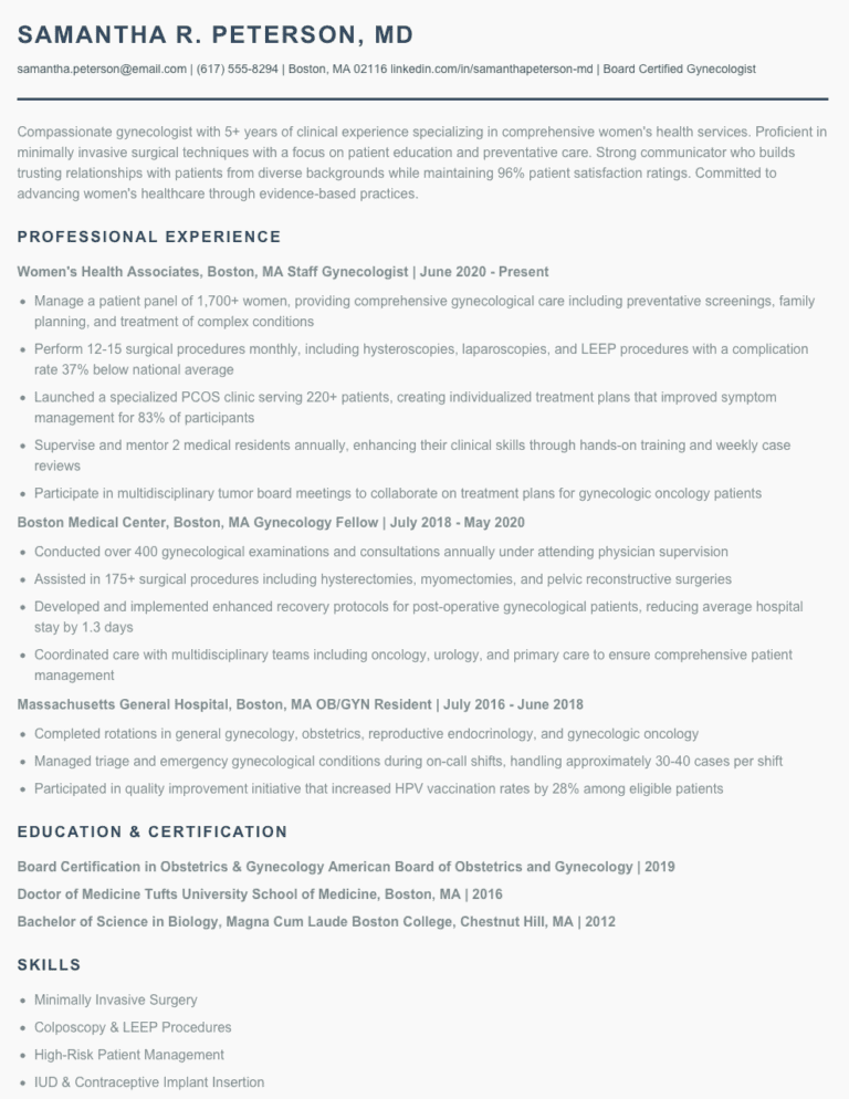 Gynecologist Resume Examples & Templates 2025 - Resume.AI