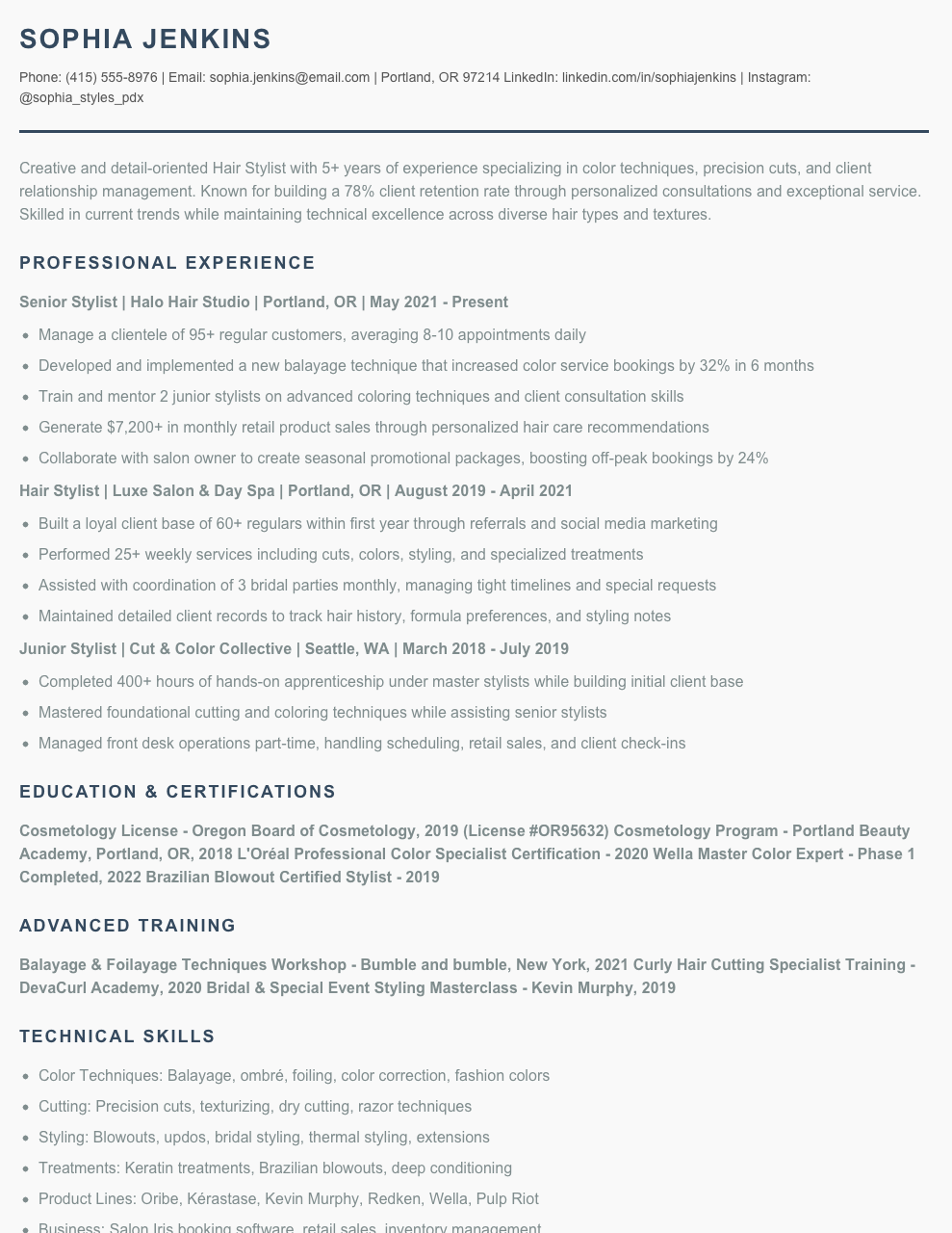 Hair Stylist Resume Examples & Templates 2025 - Resume.AI