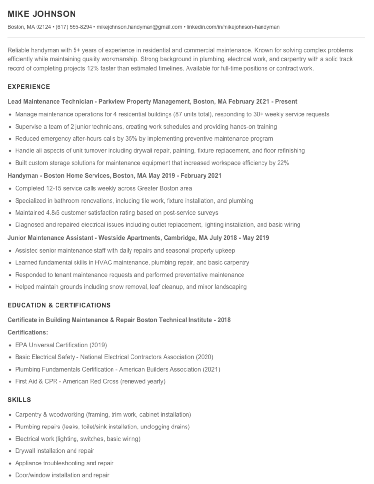 Handyman Resume Examples & Templates 2025 - Resume.AI