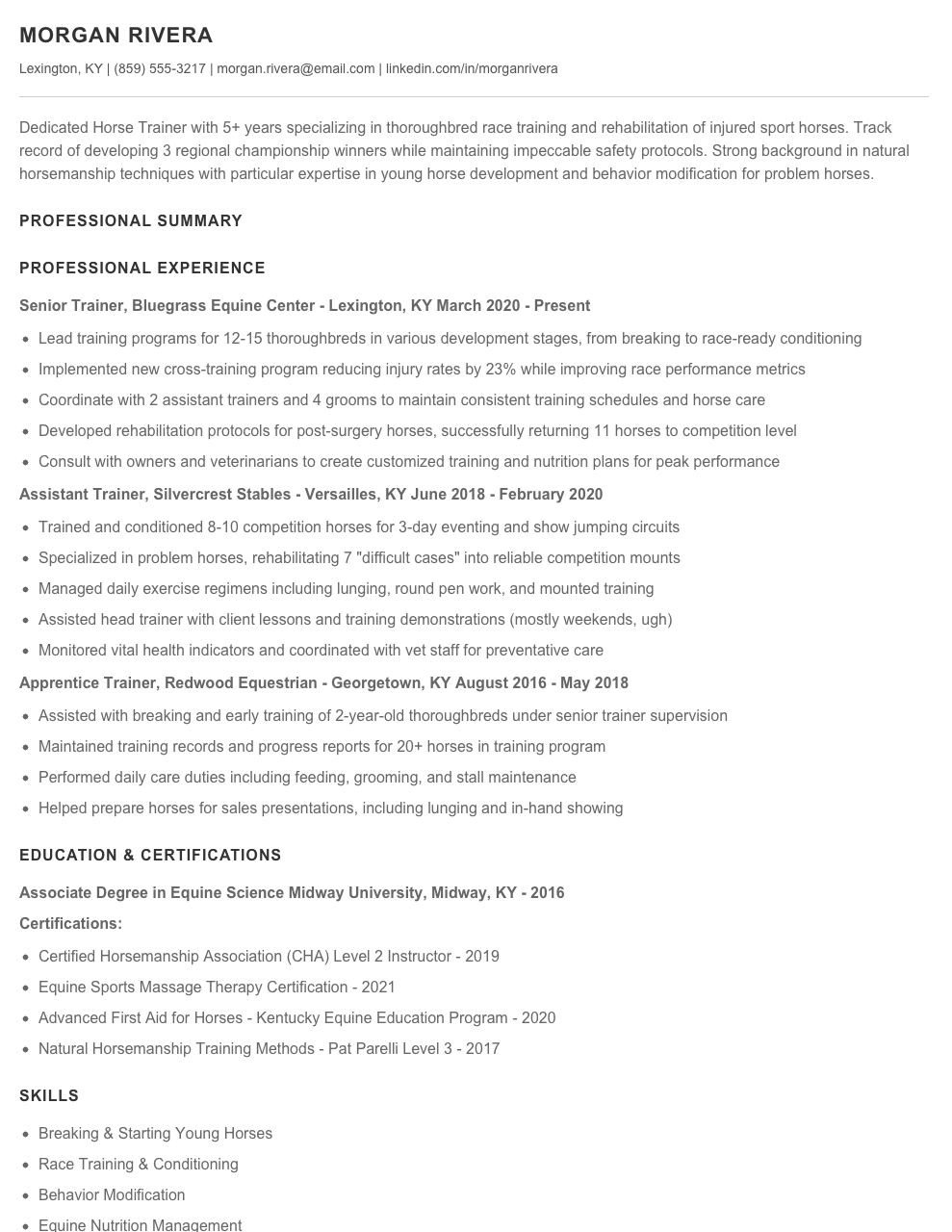 Horse Trainer Resume Examples & Templates 2025 - Resume.AI