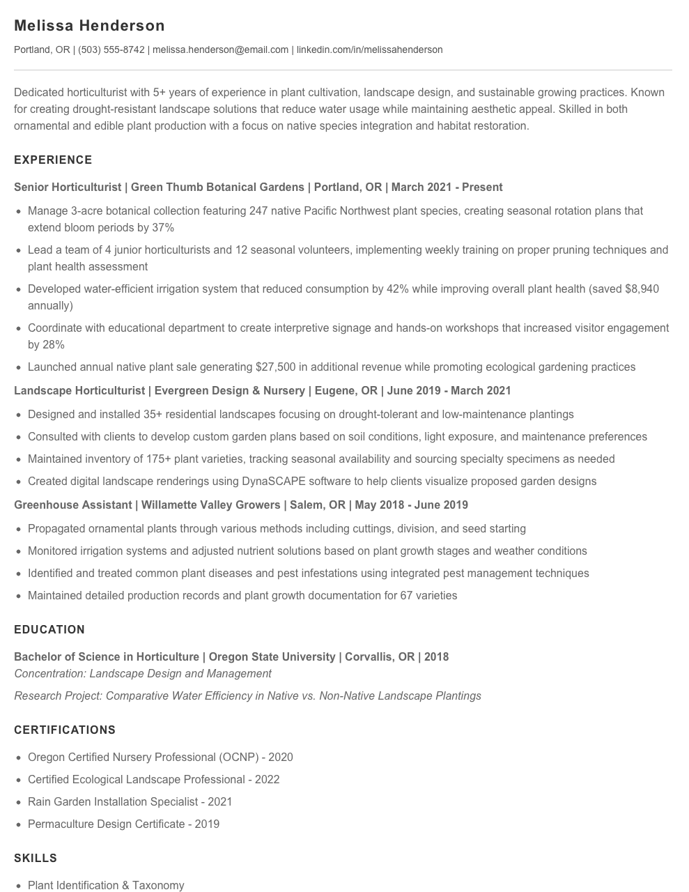 Horticulturist Resume Examples & Templates 2025 - Resume.AI