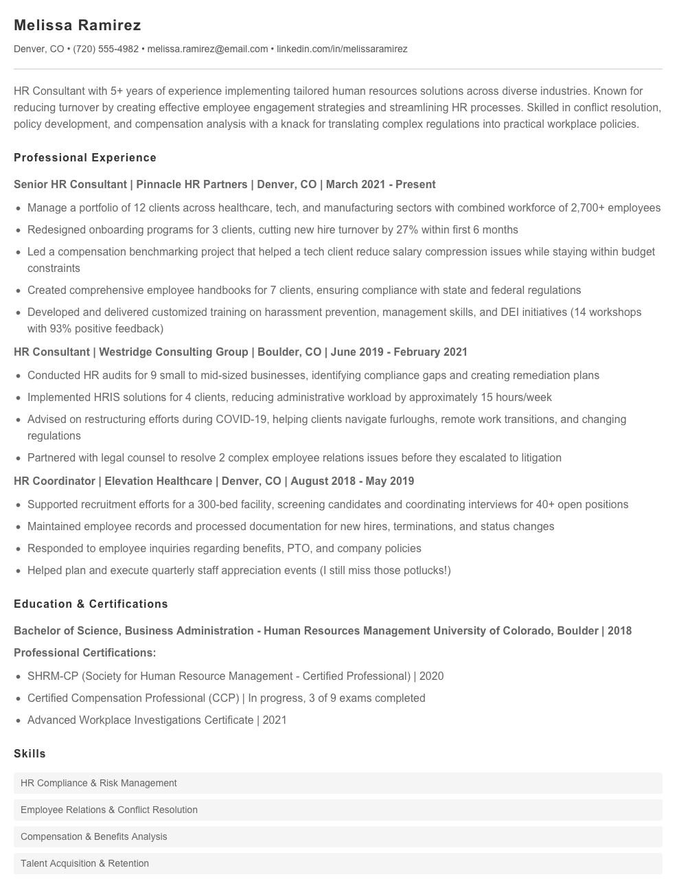 HR Consultant Resume Examples & Templates 2025 - Resume.AI