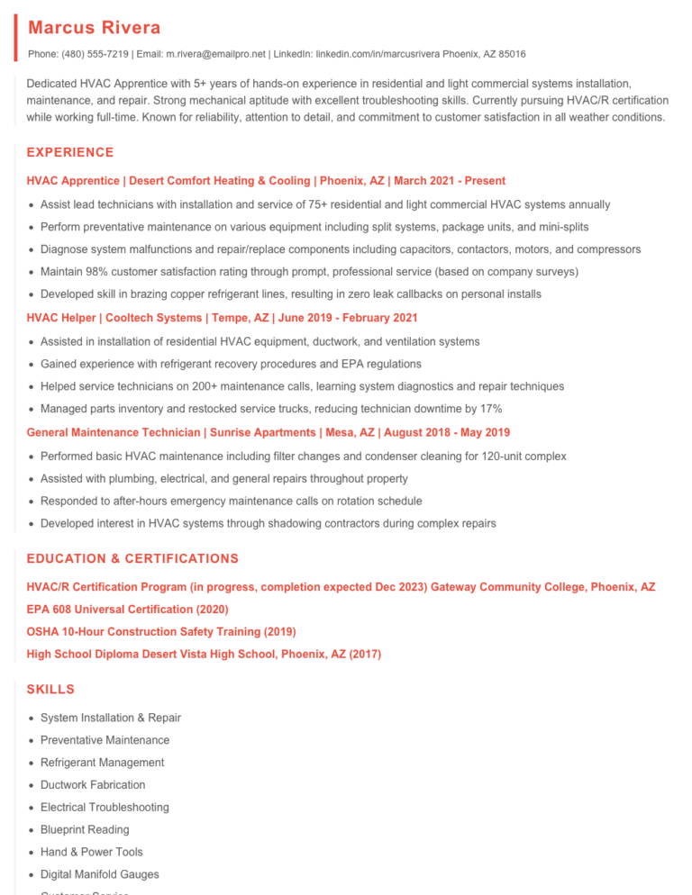 HVAC Apprentice Resume Examples & Templates 2025 - Resume.AI