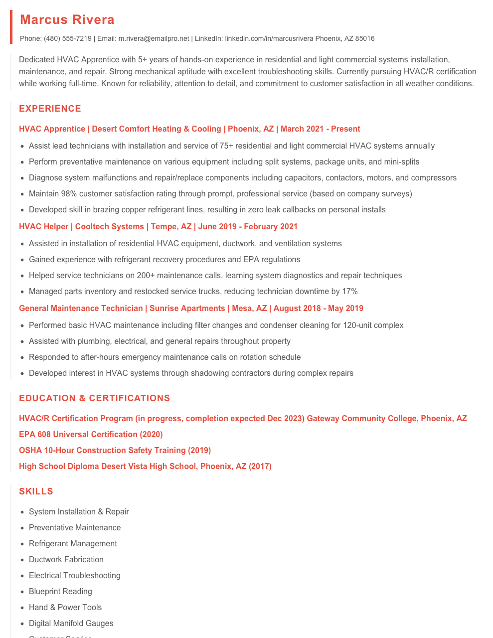 HVAC Apprentice Resume Examples & Templates 2025 - Resume.AI