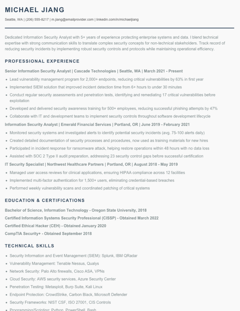 Information Security Analyst Resume Examples & Templates 2025 - Resume.AI