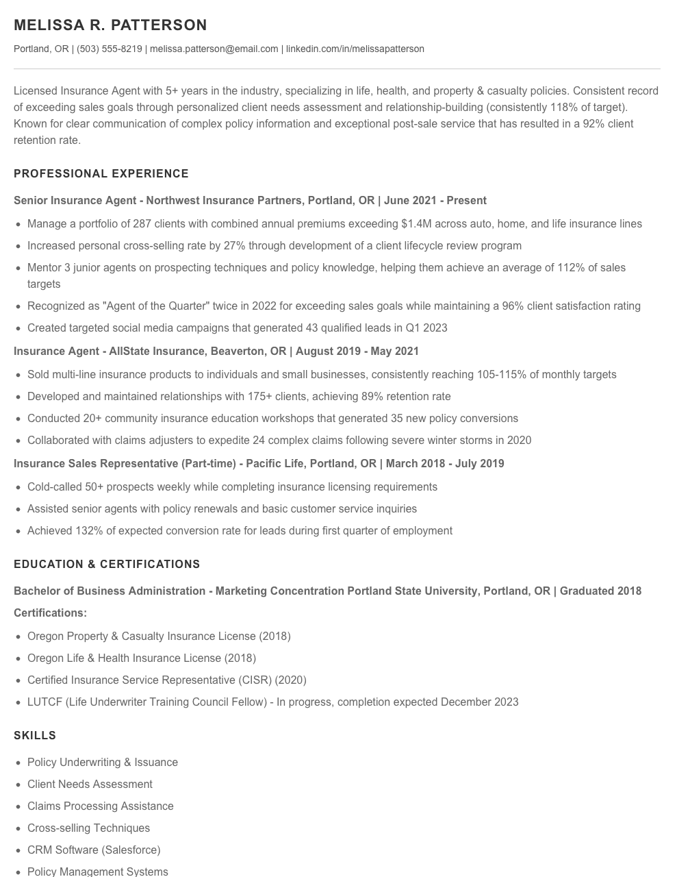Insurance Agent Resume Examples & Templates 2025 - Resume.AI