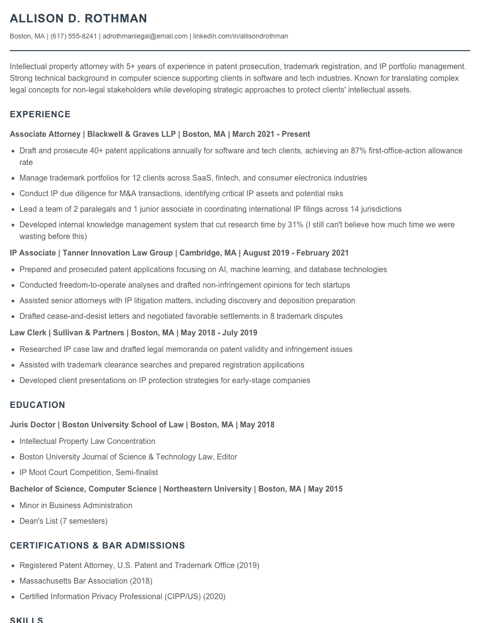 Intellectual Property Attorney Resume Examples & Templates 2025 - Resume.AI