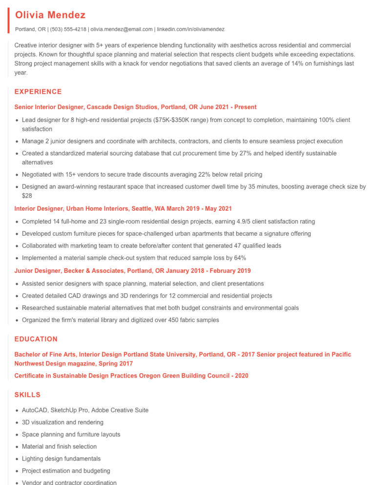 Interior Designer Resume Examples & Templates 2025 - Resume.AI