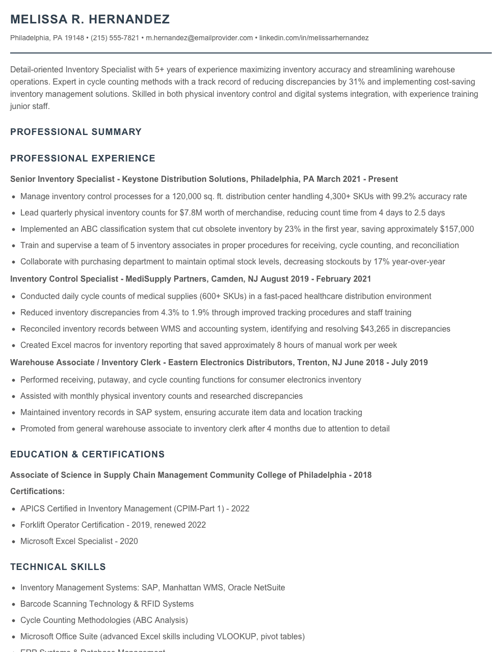 Inventory Specialist Resume Examples & Templates 2025 - Resume.AI