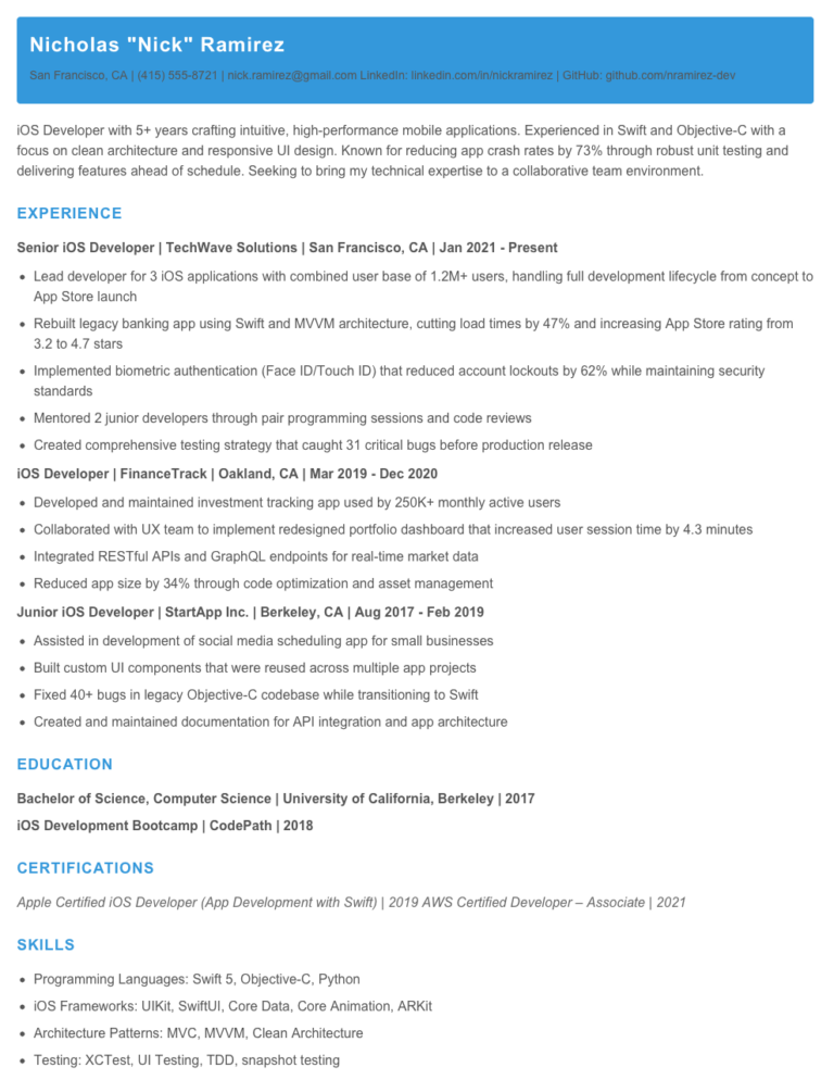 iOS Developer Resume Examples & Templates 2025 - Resume.AI