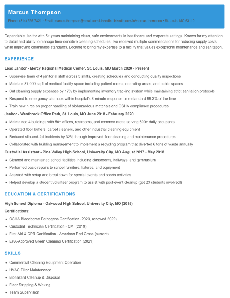 Janitor Resume Examples & Templates 2025 - Resume.AI