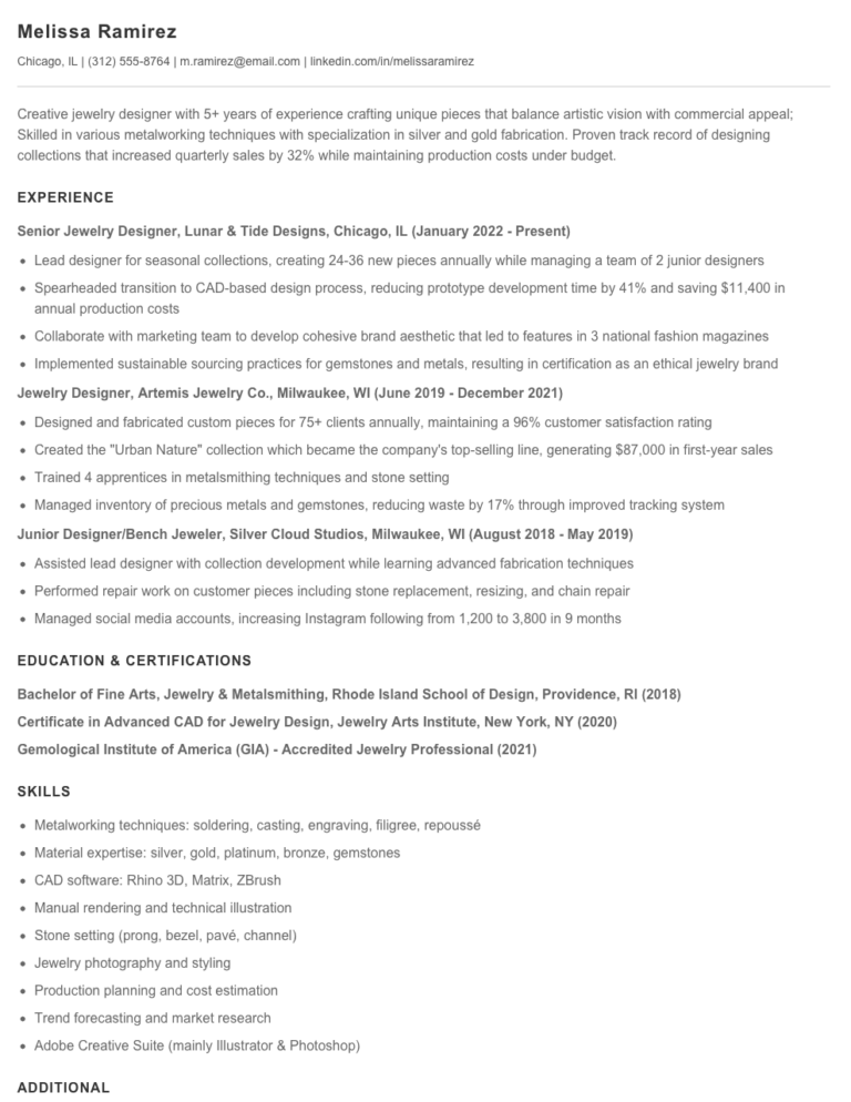 Jewelry Designer Resume Examples & Templates 2025 - Resume.AI