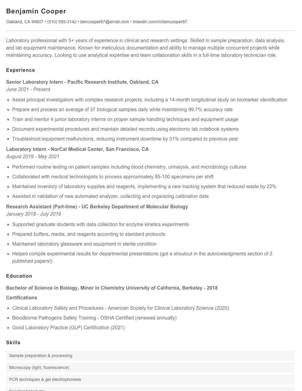 Laboratory Intern Resume Examples & Templates 2025 - Resume.AI