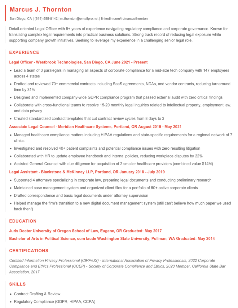 Legal Officer Resume Examples & Templates 2025 - Resume.AI