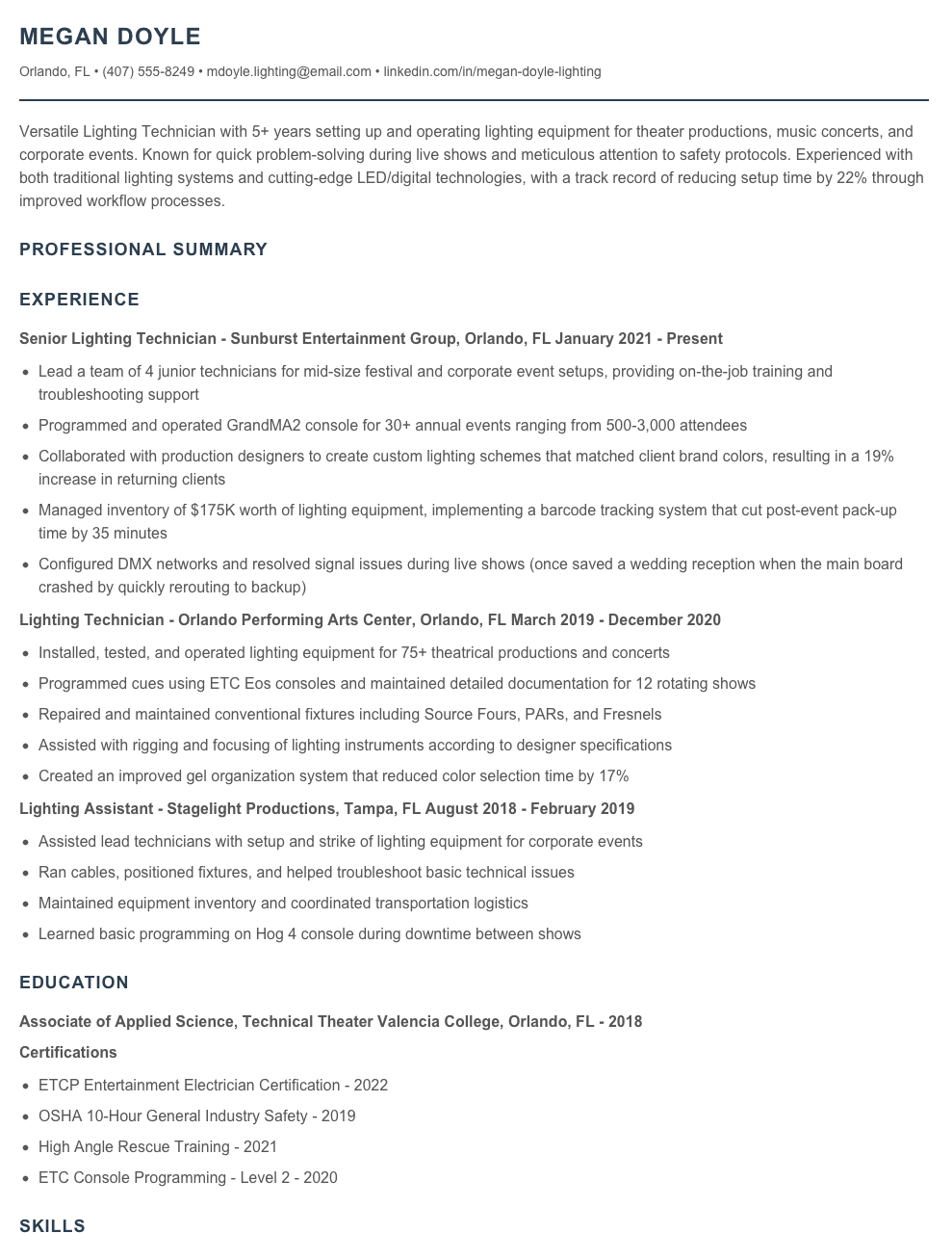 Lighting Technician Resume Examples & Templates 2025 - Resume.AI