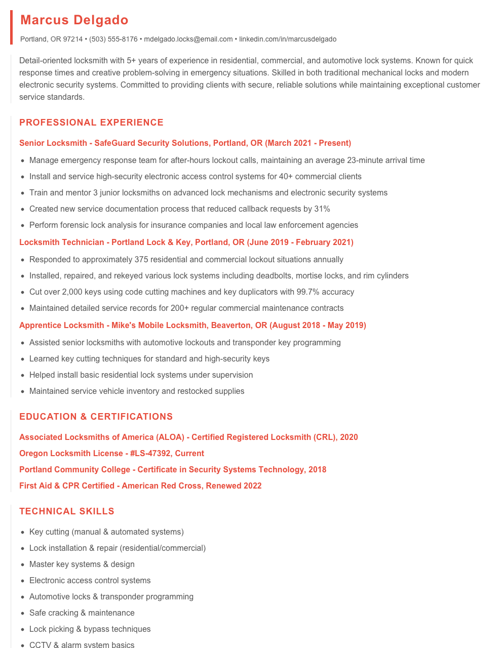 Locksmith Resume Examples & Templates 2025 - Resume.AI