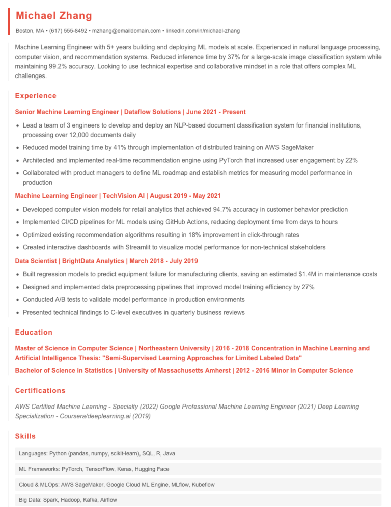 Machine Learning Engineer Resume Examples & Templates 2025 - Resume.AI
