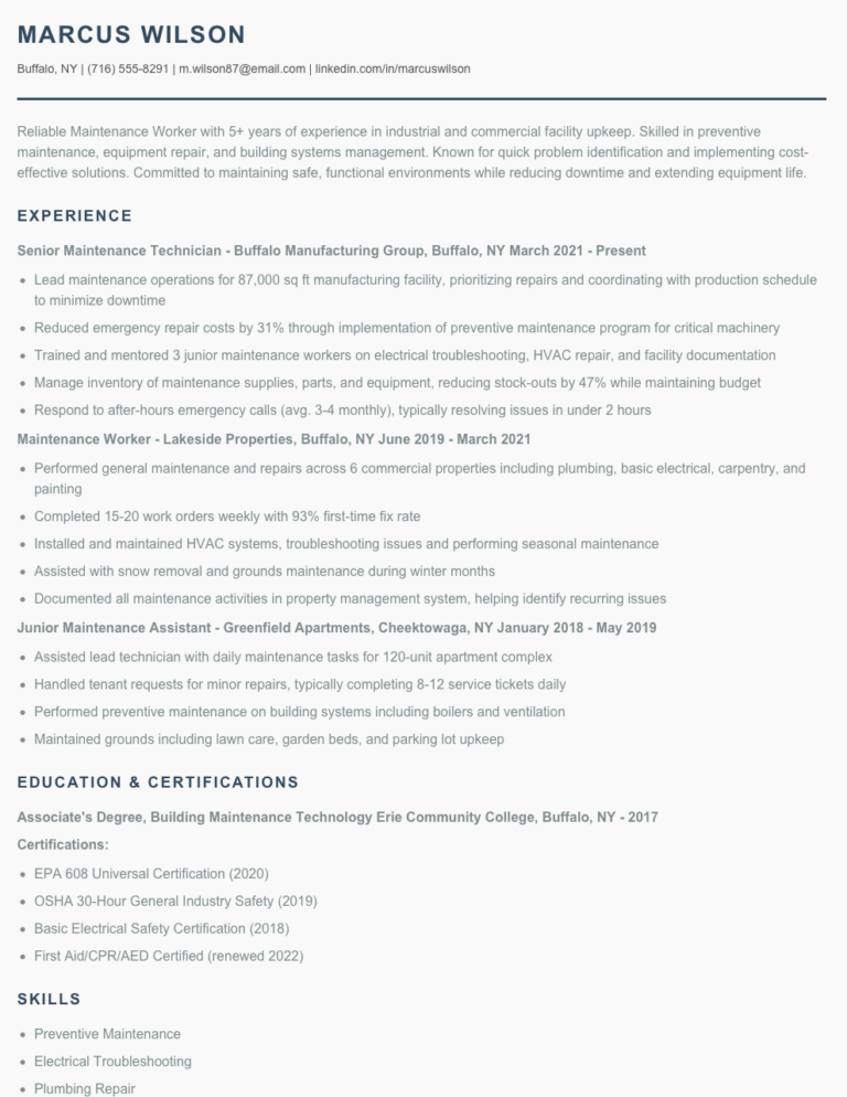 Maintenance Worker Resume Examples & Templates 2025 - Resume.AI