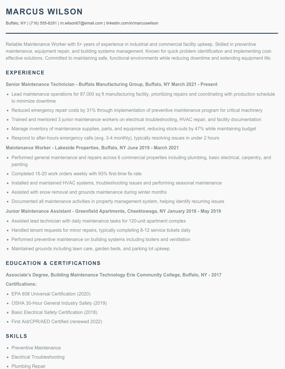 Maintenance Worker Resume Examples & Templates 2025 - Resume.AI