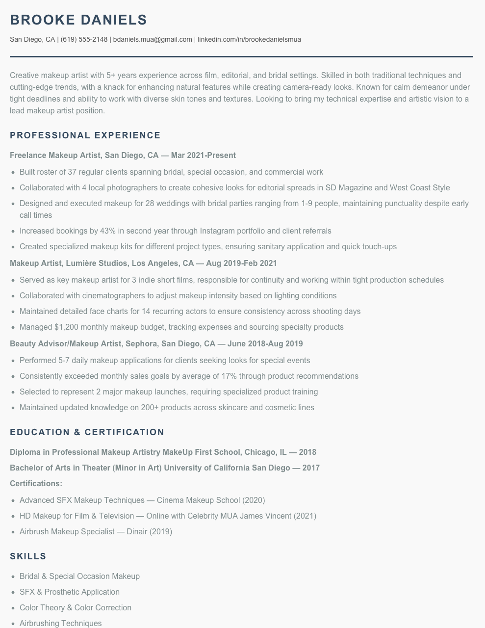 Makeup Artist Resume Examples & Templates 2025 - Resume.AI