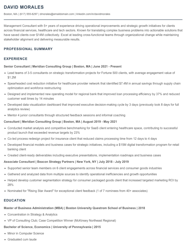 Management Consultant Resume Examples & Templates 2025 - Resume.AI