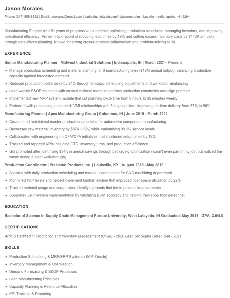Manufacturing Planner Resume Examples & Templates 2025 - Resume.AI