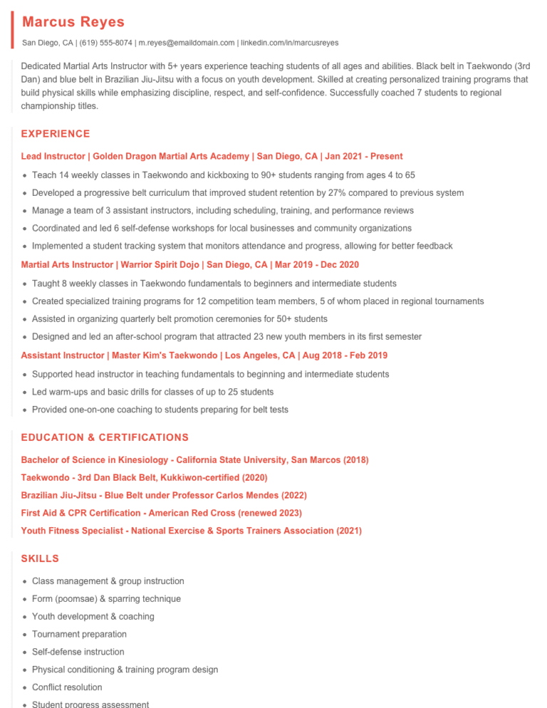 Martial Arts Instructor Resume Examples & Templates 2025 - Resume.AI