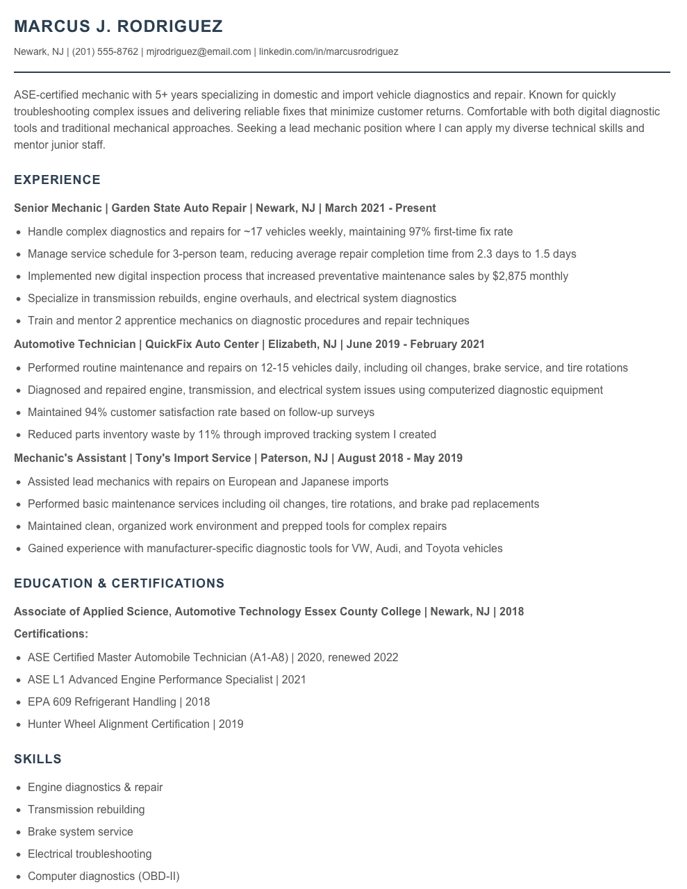 Mechanic Resume Examples & Templates 2025 - Resume.AI