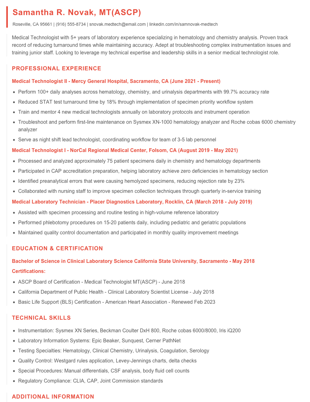 Medical Technologist Resume Examples & Templates 2025 - Resume.AI
