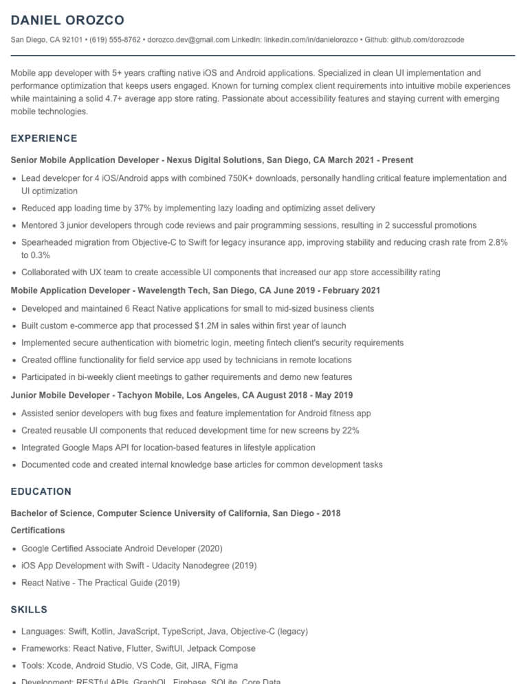 Mobile Application Developer Resume Examples & Templates 2025 - Resume.AI