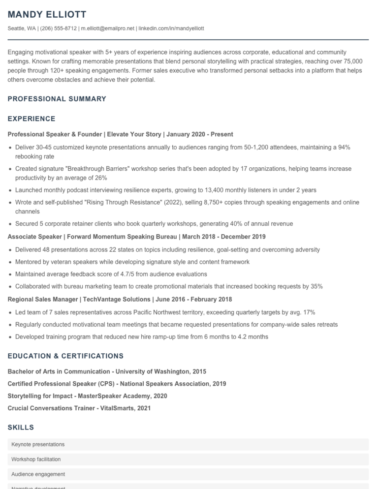 Motivational Speaker Resume Examples & Templates 2025 - Resume.AI