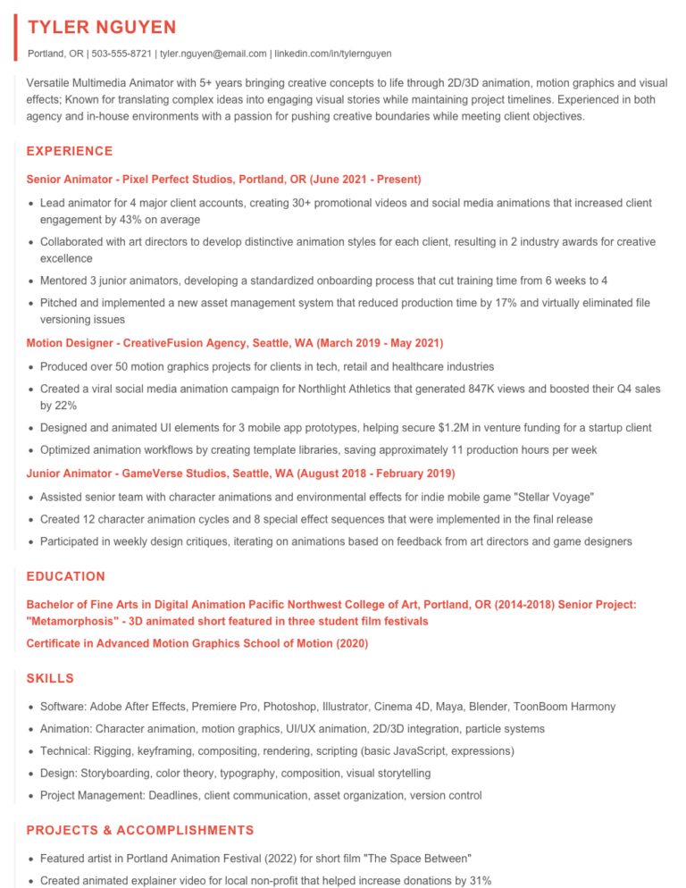 Multimedia Animator Resume Examples & Templates 2025 - Resume.AI