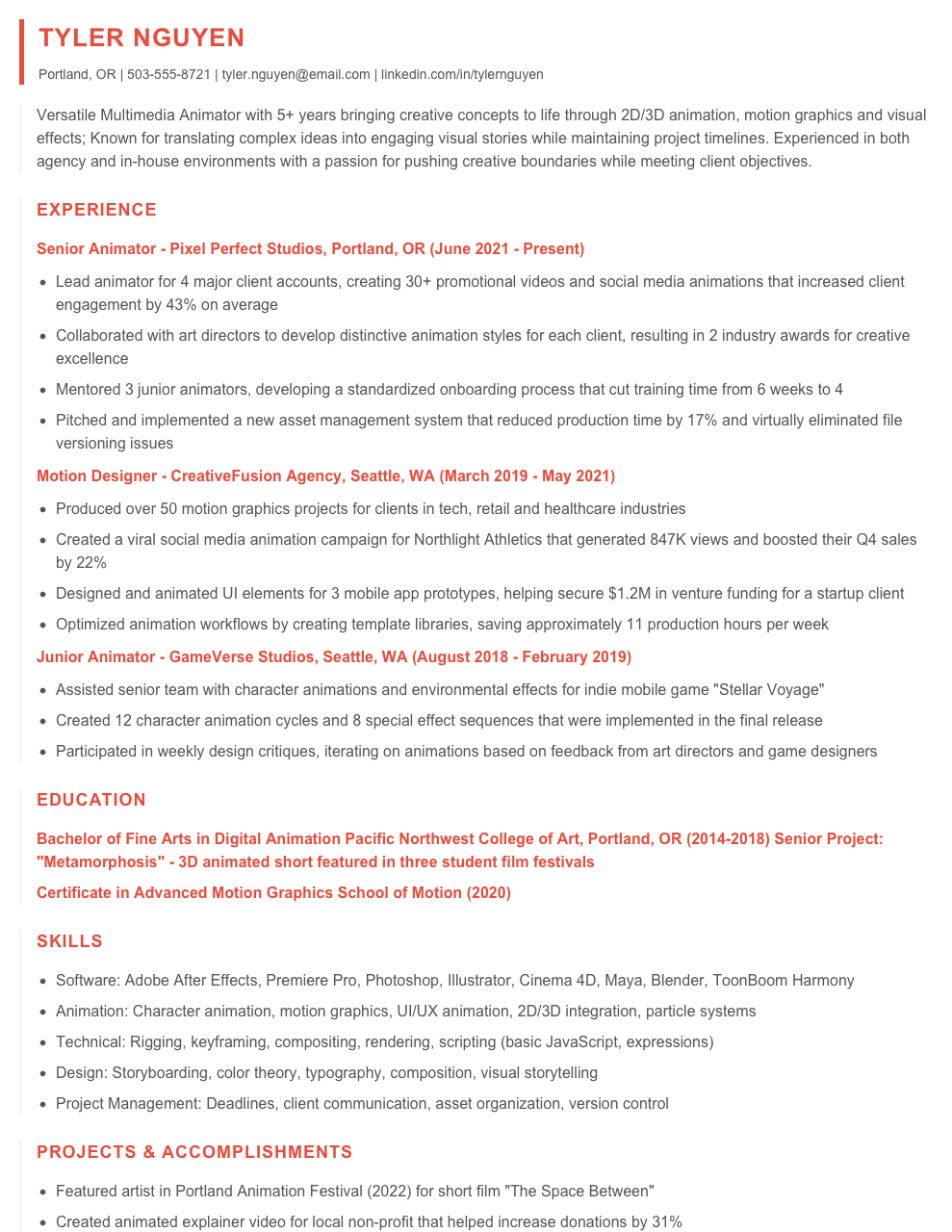 Multimedia Animator Resume Examples & Templates 2025 - Resume.AI