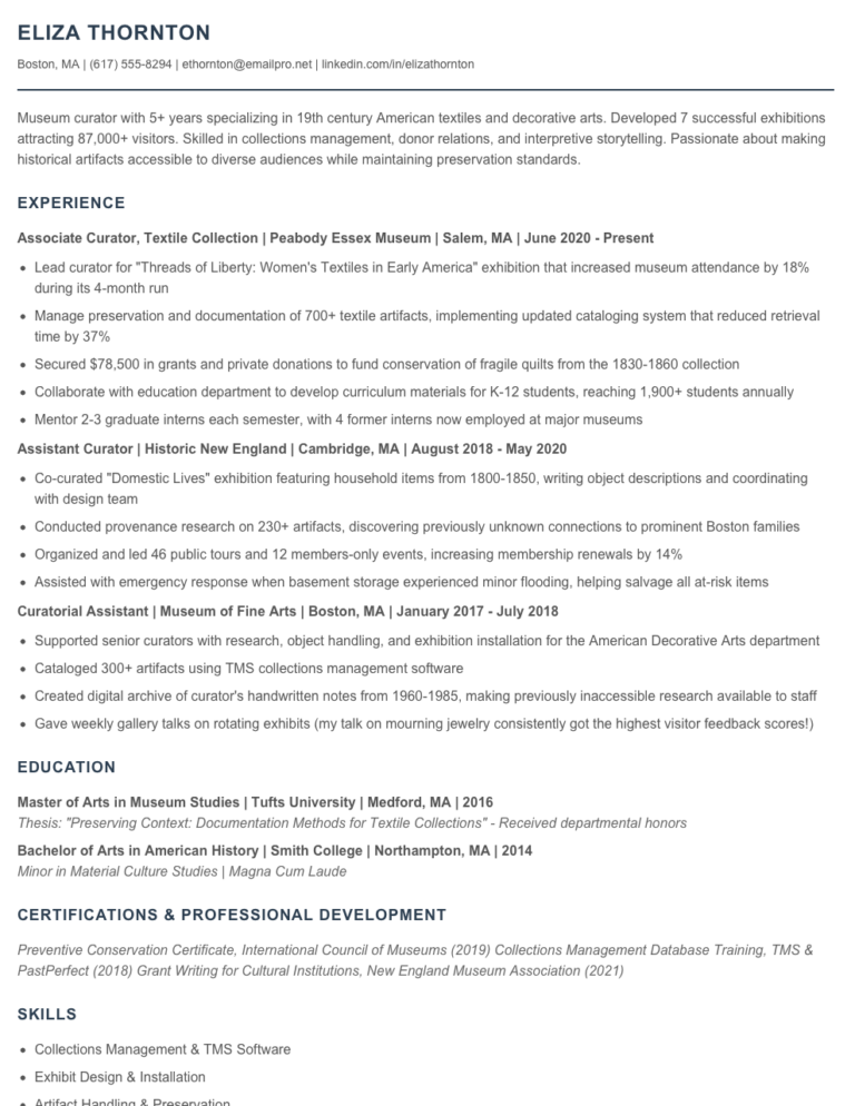 Museum Curator Resume Examples & Templates 2025 - Resume.AI
