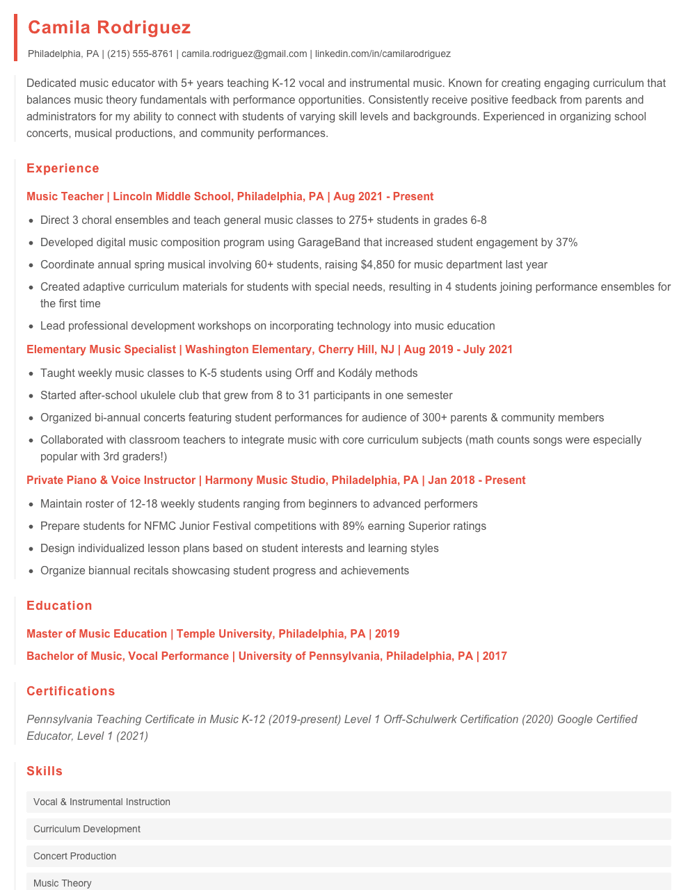 Music Teacher Resume Examples & Templates 2025 - Resume.AI