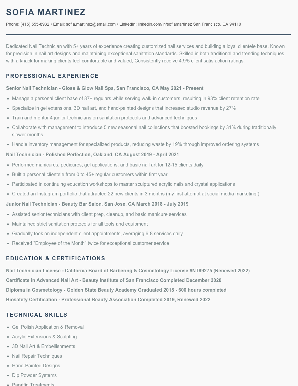 Nail Technician Resume Examples & Templates 2025 - Resume.AI