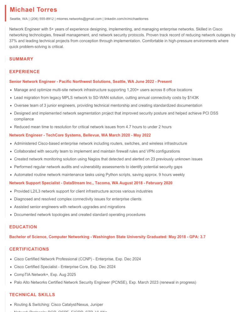 Network Engineer Resume Examples & Templates 2025 - Resume.AI