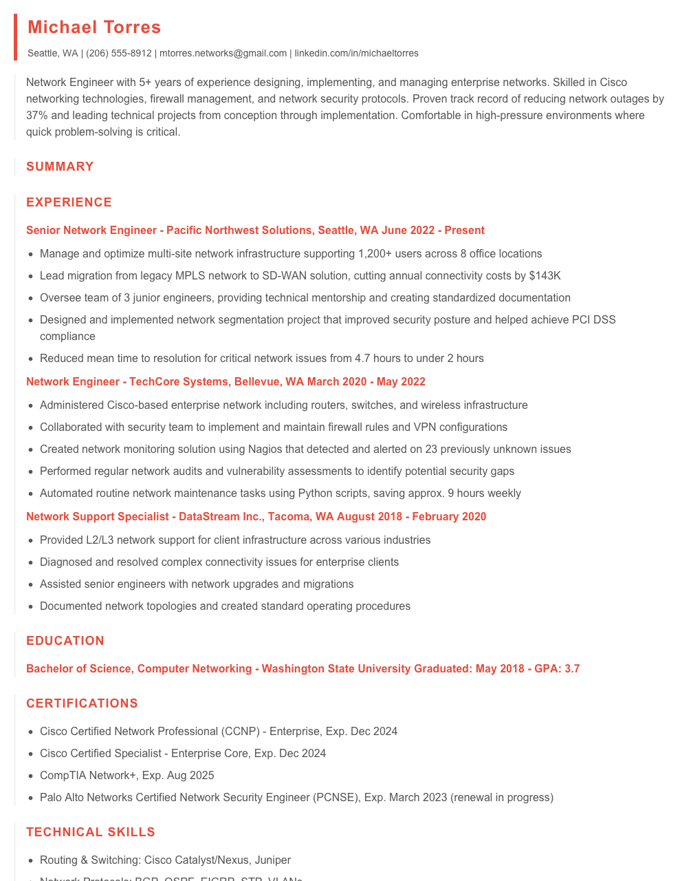 Network Engineer Resume Examples & Templates 2025 - Resume.AI