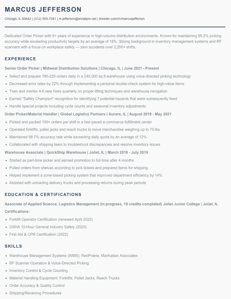 Order Picker Resume Examples & Templates 2025 - Resume.AI