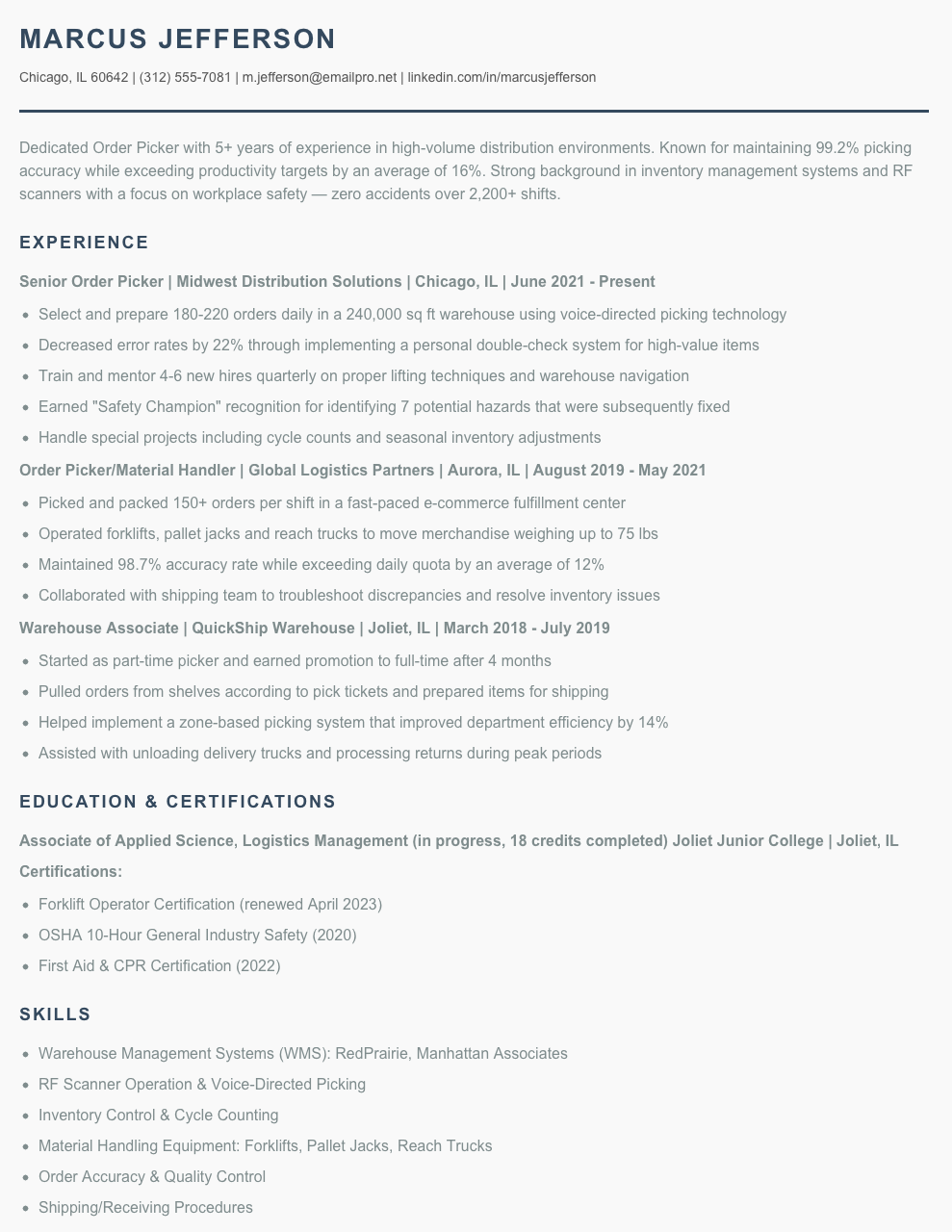 Order Picker Resume Examples & Templates 2025 - Resume.AI