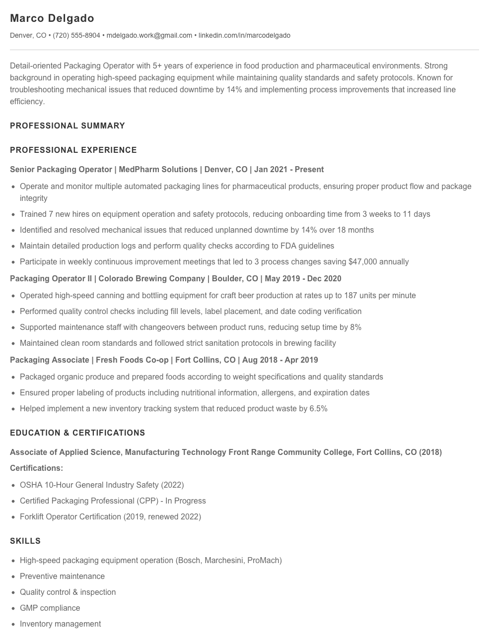 Packaging Operator Resume Examples & Templates 2025 - Resume.AI