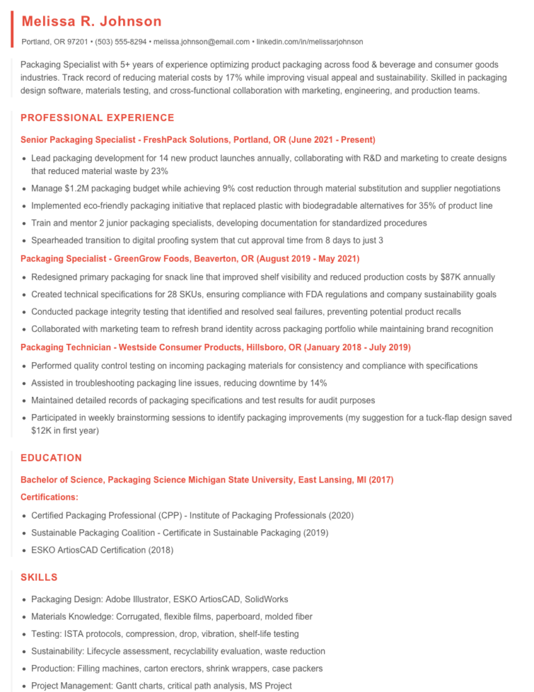 Packaging Specialist Resume Examples & Templates 2025 - Resume.AI