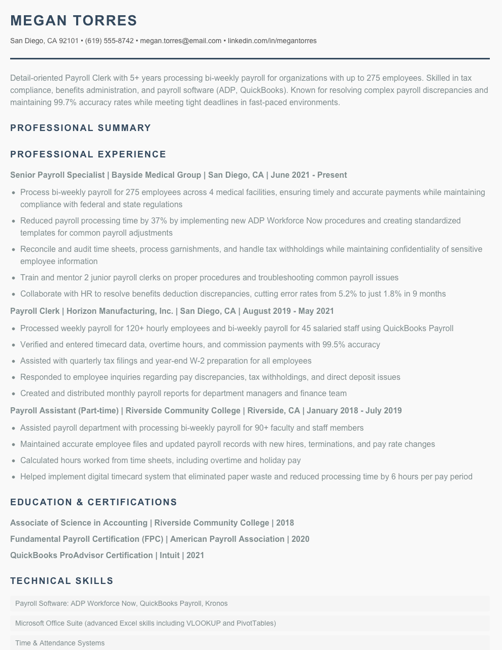 Payroll Clerk Resume Examples & Templates 2025 - Resume.AI