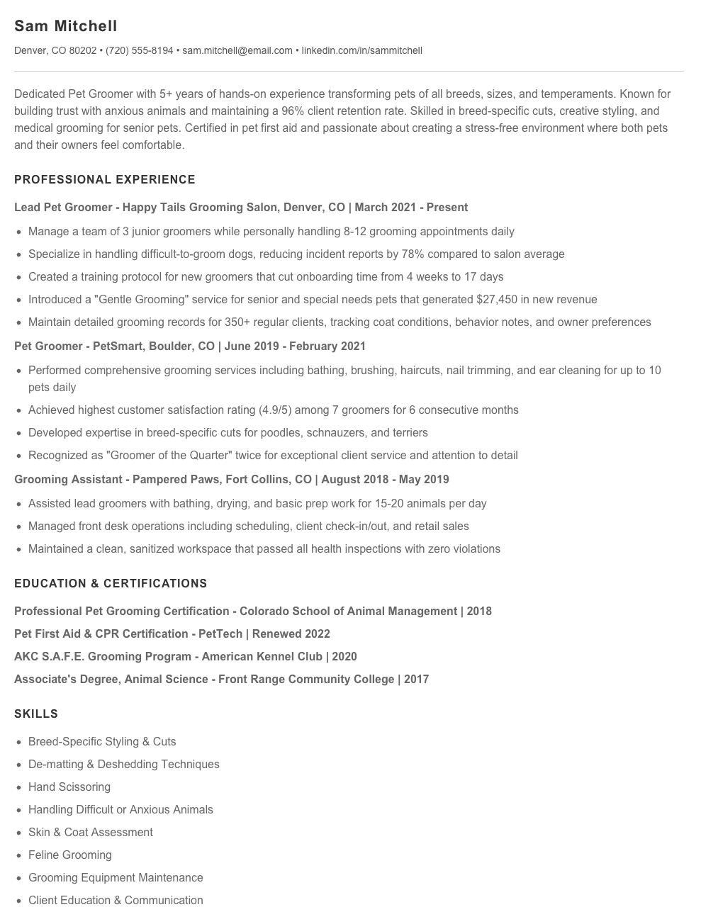 Pet Groomer Resume Examples & Templates 2025 - Resume.AI