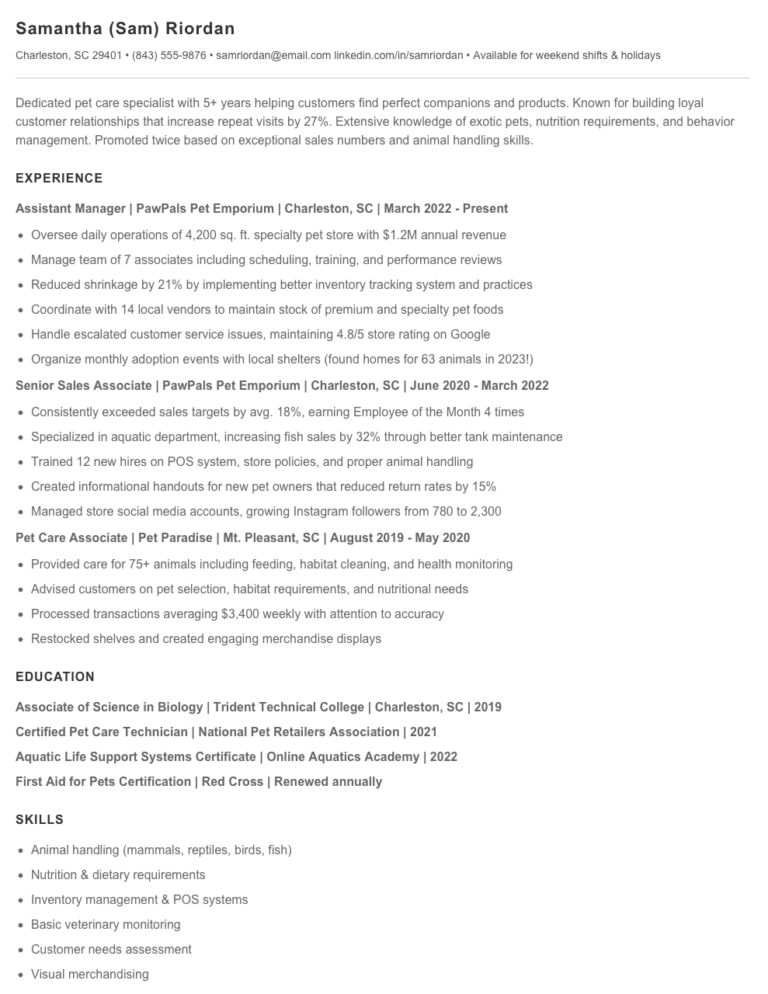 Pet Store Associate Resume Examples & Templates 2025 - Resume.AI