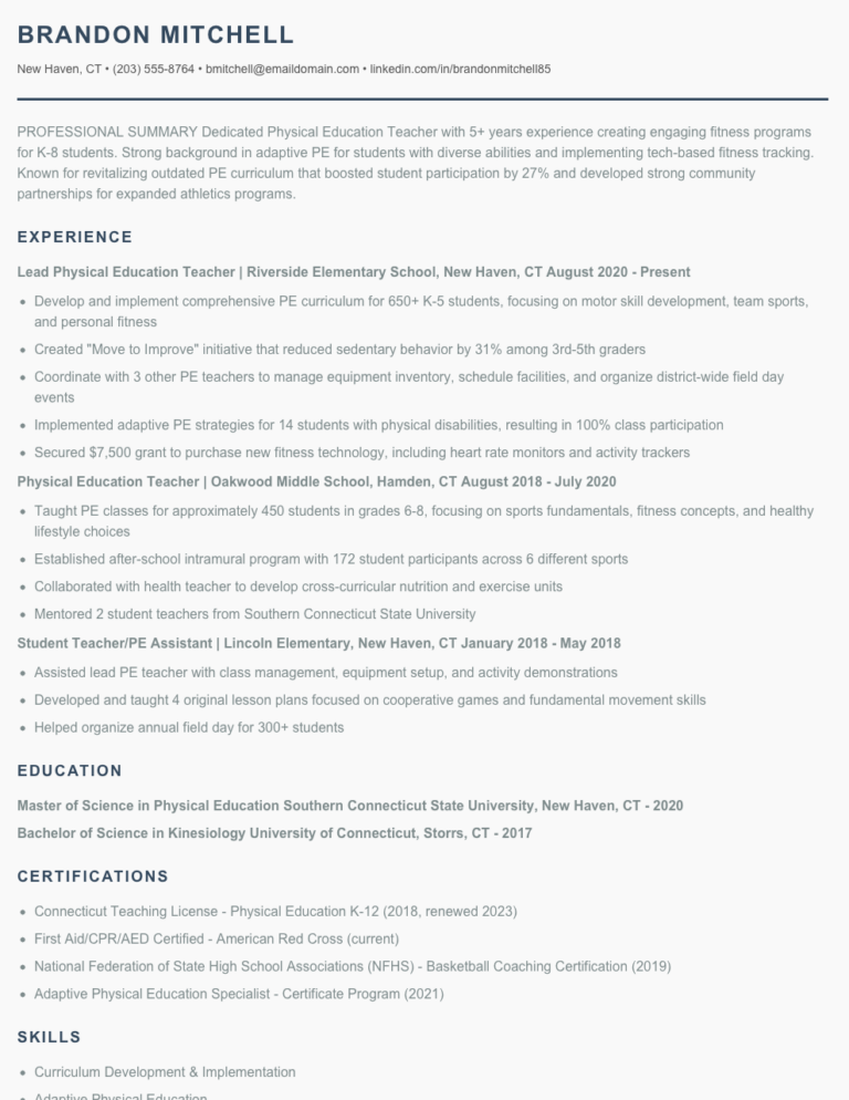 Physical Education Teacher Resume Examples & Templates 2025 - Resume.AI